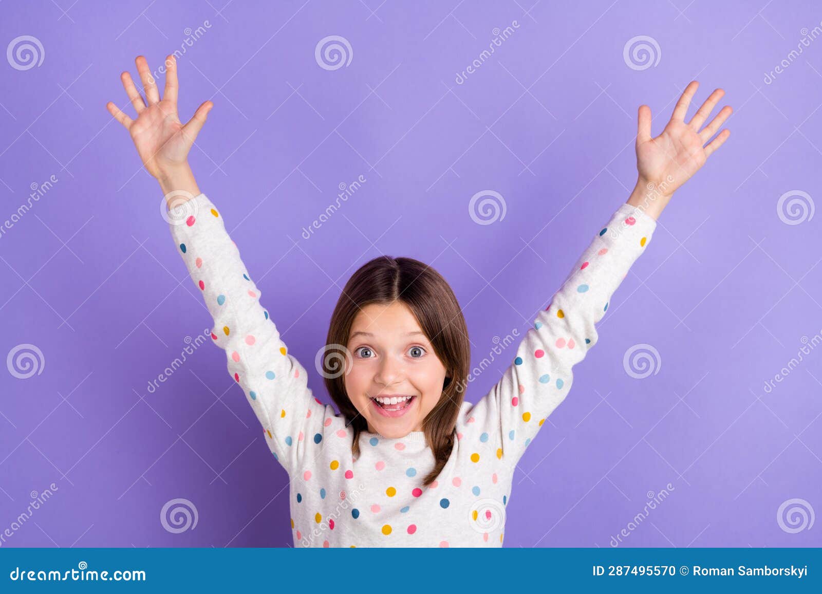 Portrait Of Overjoyed Cheerful Funky Girl Raise Hands Rejoice Have Good