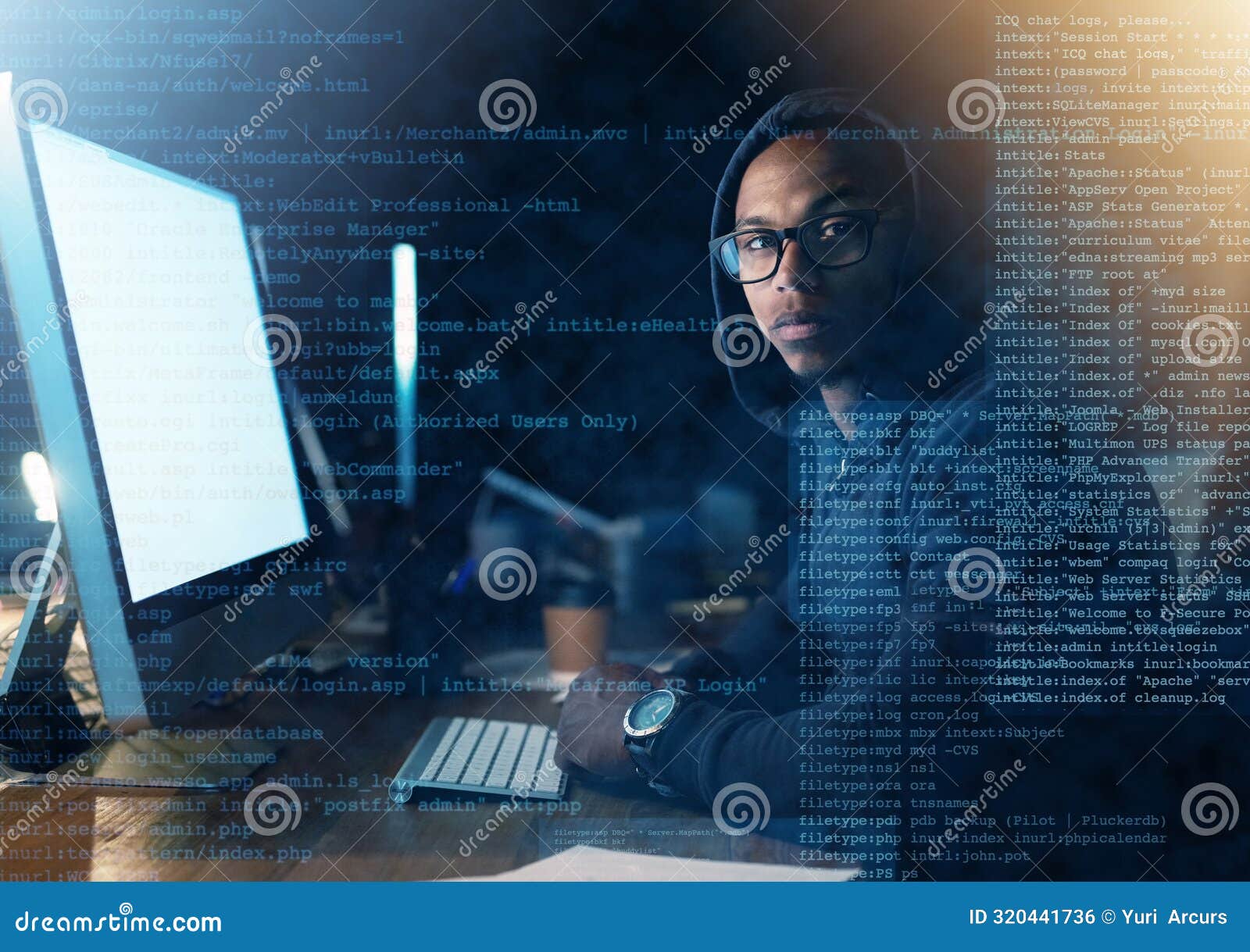 Portrait Overlay And Man Hacking Computer With Coding For Cybercrime