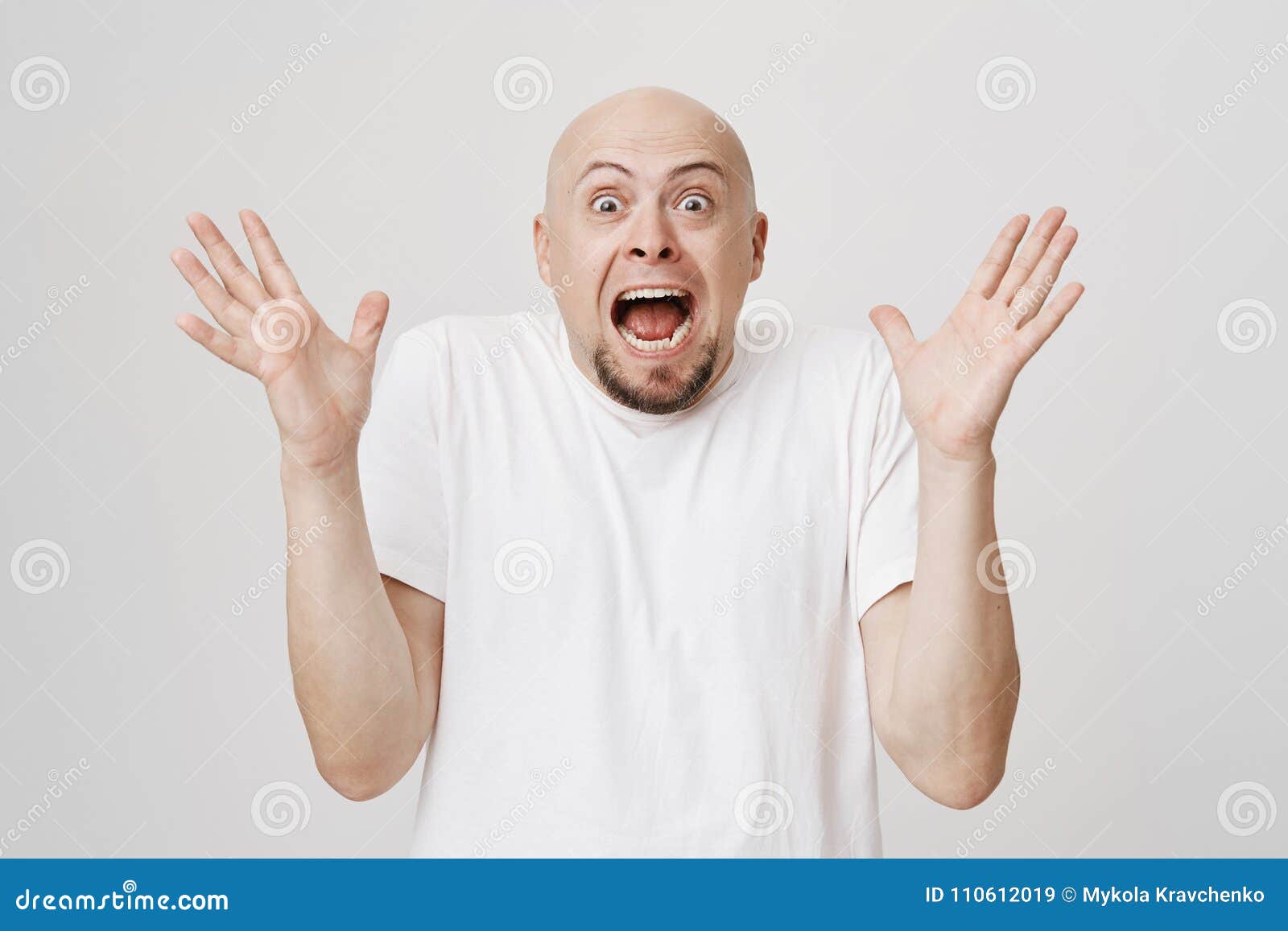 Portrait of Overwhelmed Bald Caucasian Man with Beard Raising Hands and ...