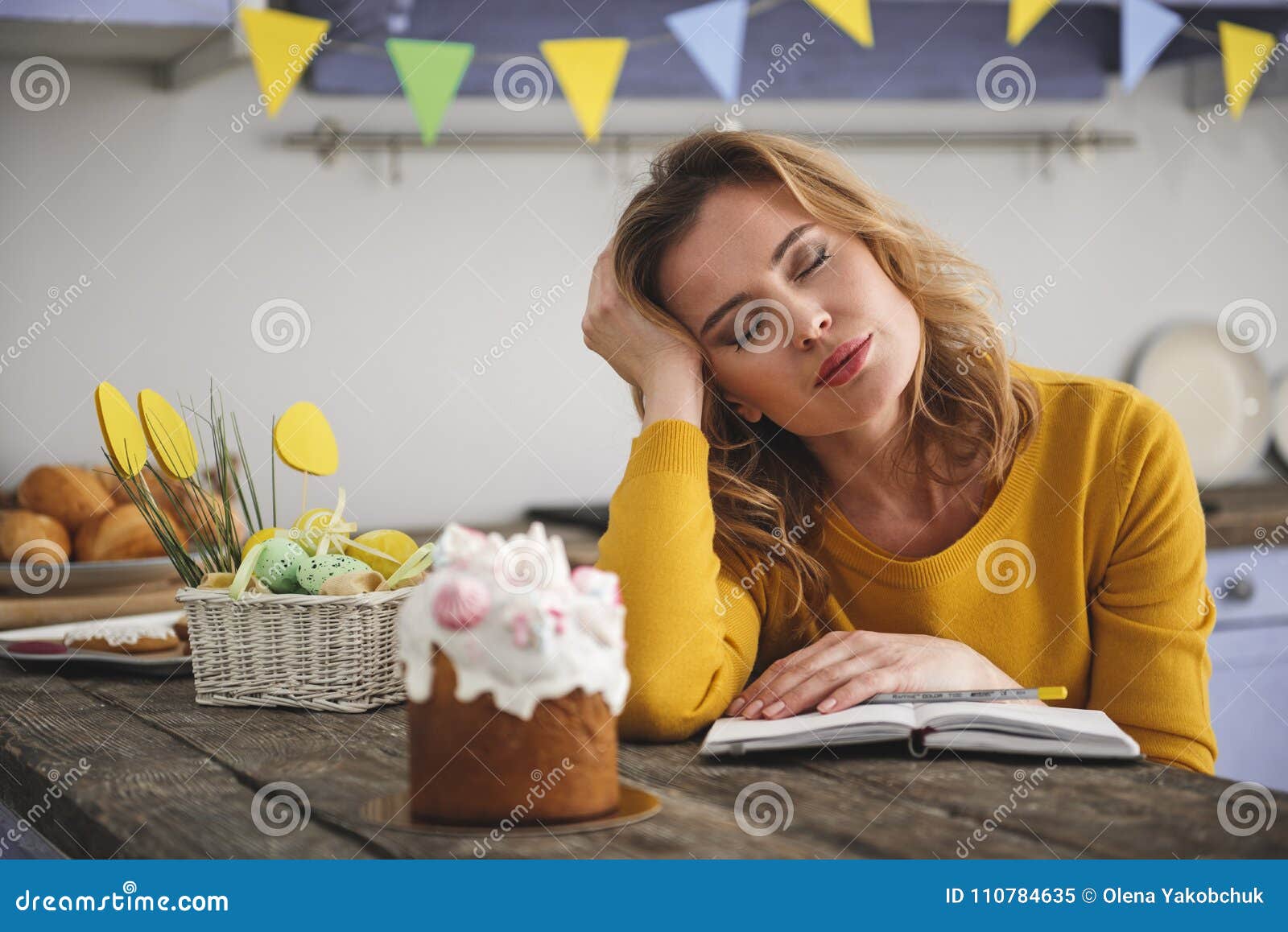 Tired Female Resting after Work in Kitchen Stock Image - Image of ...