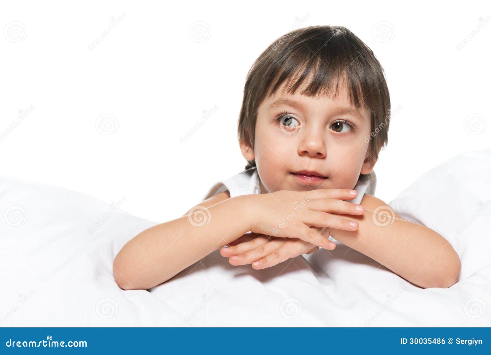Pensive Little Boy on the White Stock Photo - Image of sheet, thought ...