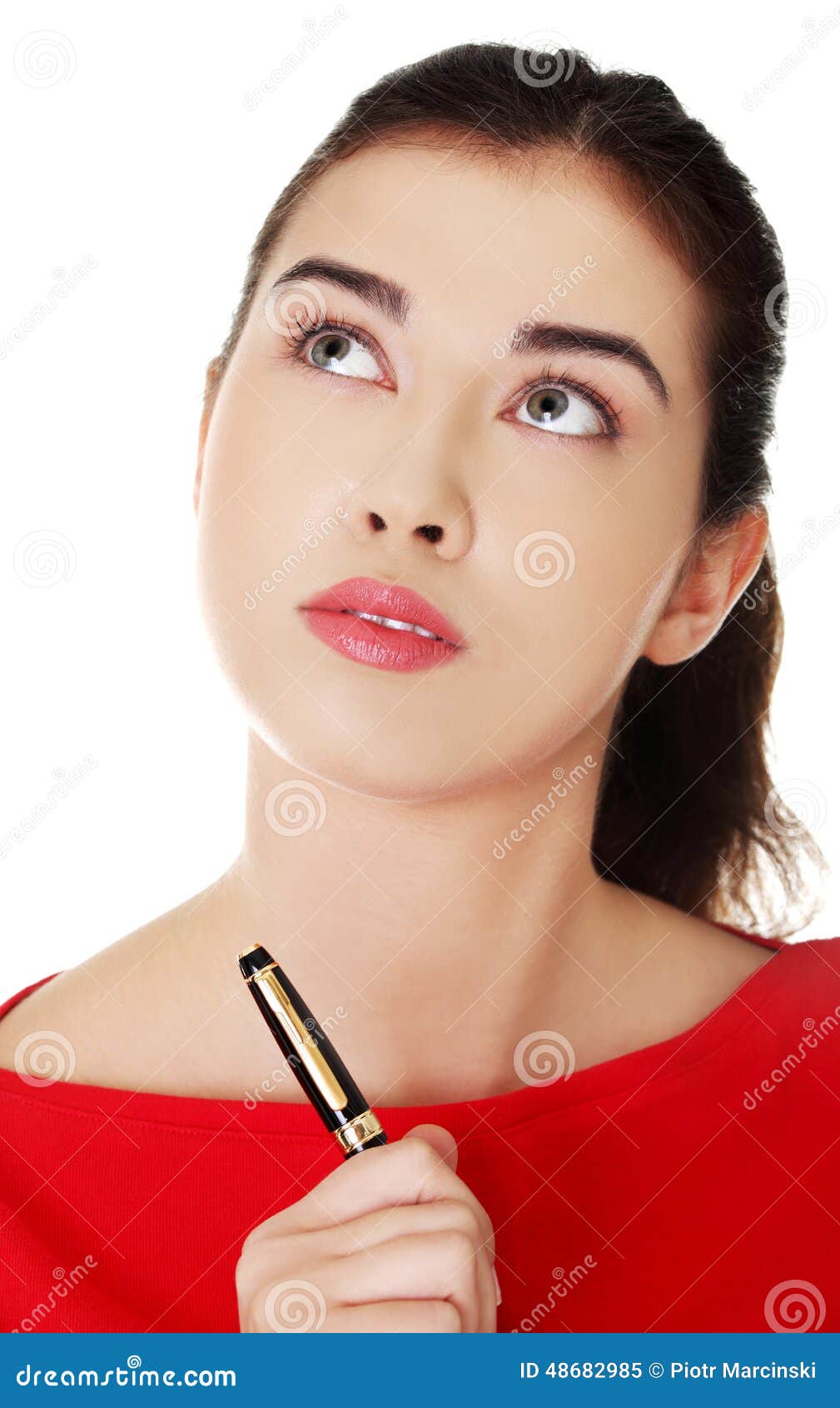 Portrait of a Pensive Student Woman Holding Pen Stock Image - Image of ...