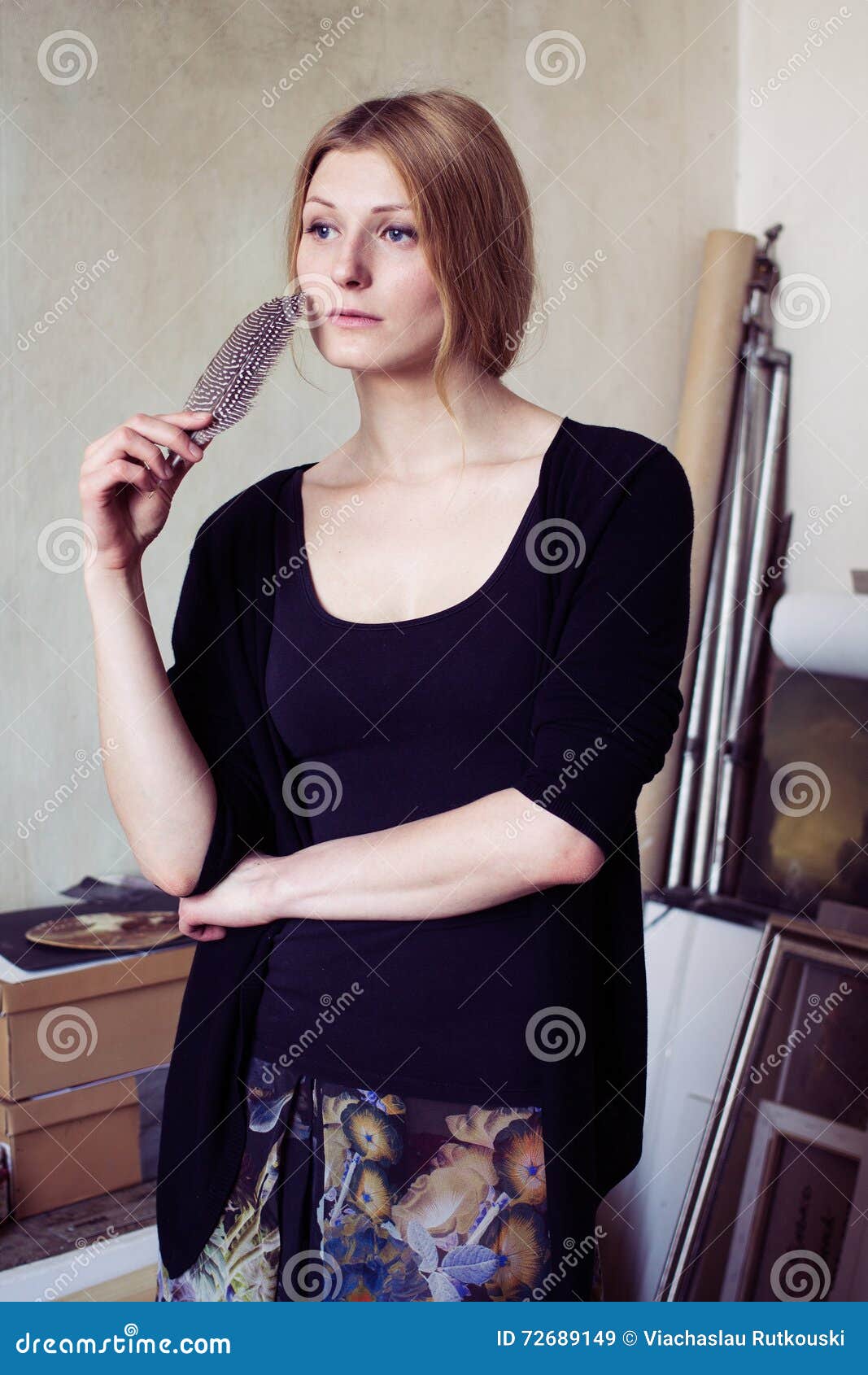 Portrait of a Pensive Woman with a Quill Stock Image - Image of room ...