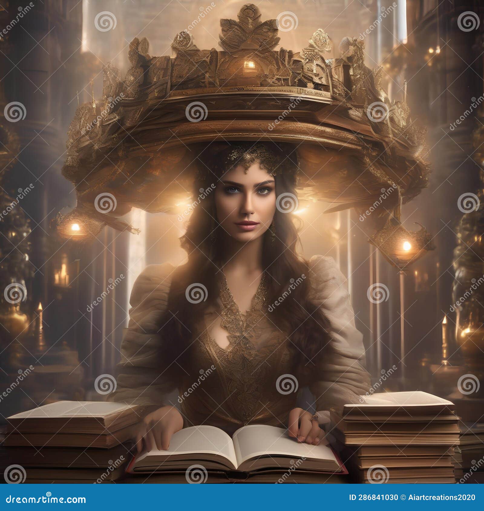 A Portrait of a Person with a Crown of Intertwining Books and Scrolls ...