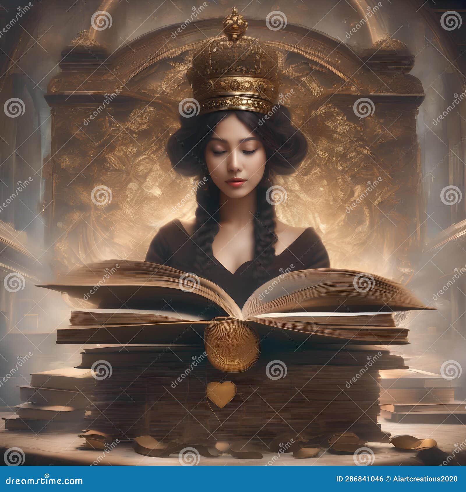 A Portrait of a Person with a Crown of Intertwining Books and Scrolls ...