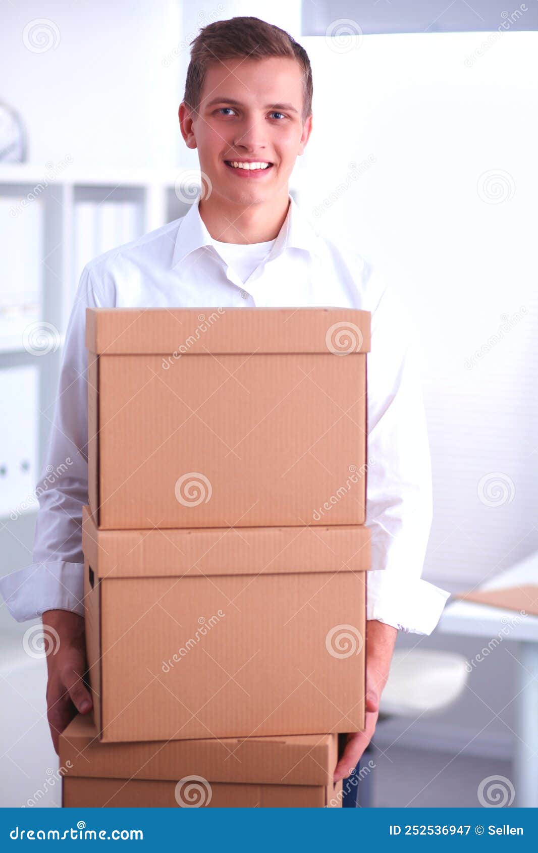 Portrait of a Person with Moving Box and Other Stuff Isolated on White ...