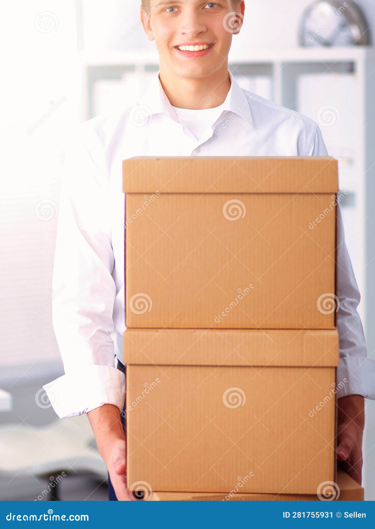 Portrait of a Person with Moving Box and Other Stuff Isolated on White ...