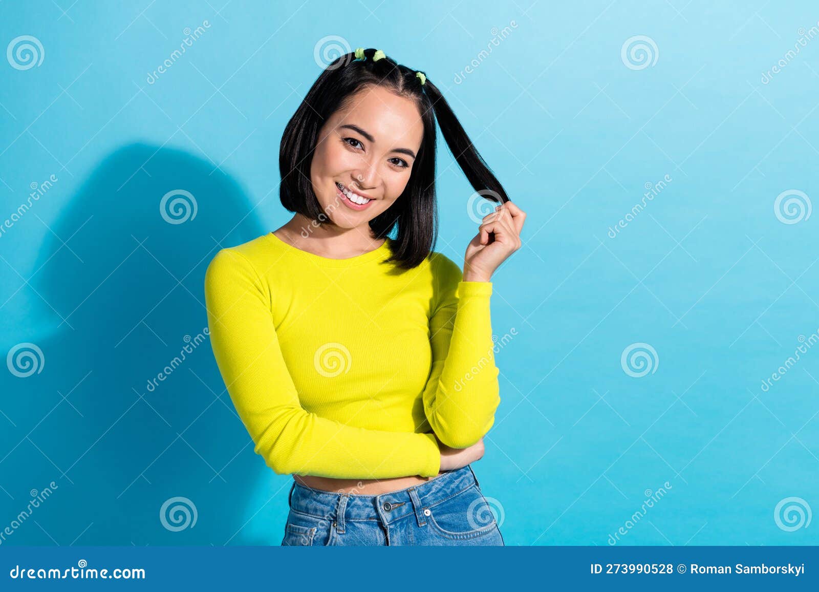 Portrait Photo Of Cute Cheerful Pretty Girls Nice Korean Woman Play