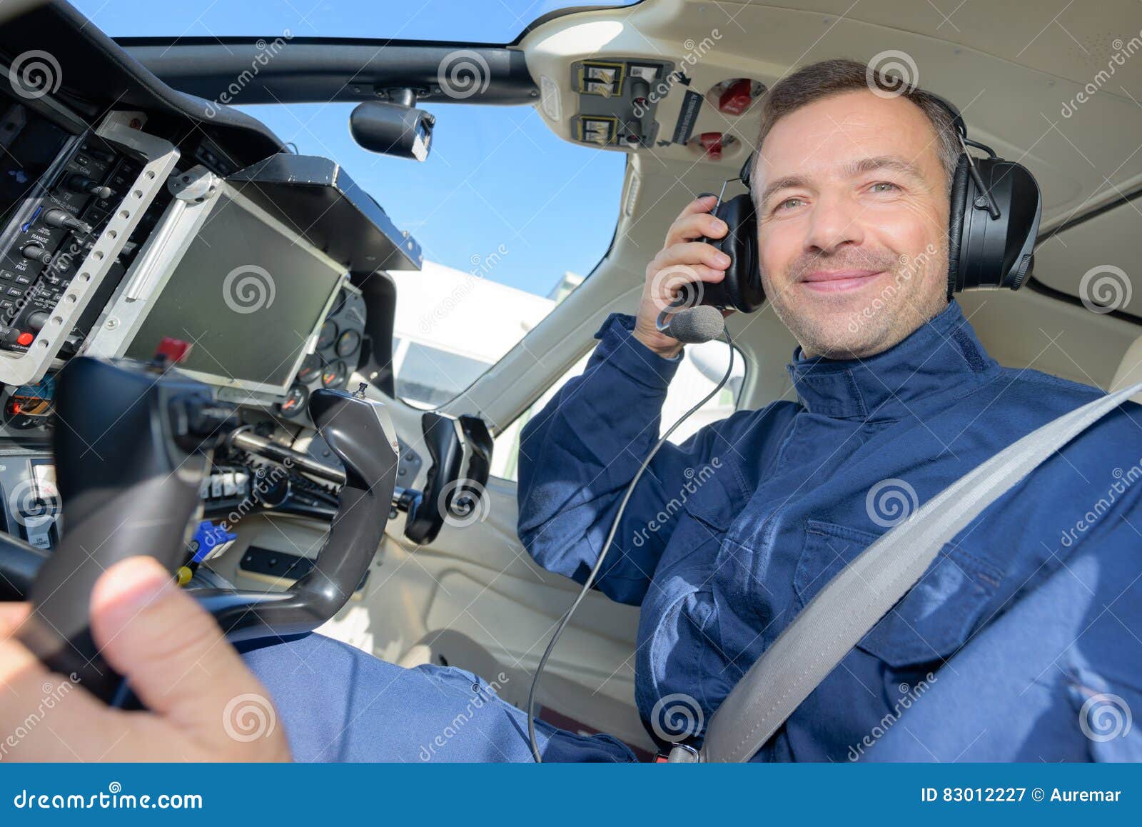 Portrait Pilot Standing Wing Airplane Looking Sky. Airman Posing On ...