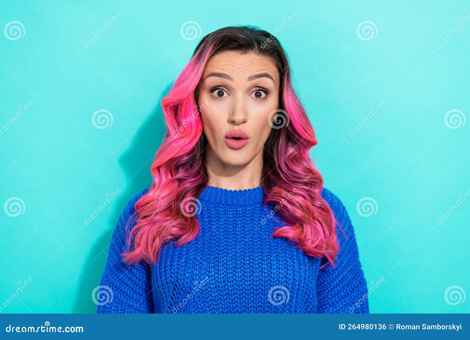 Portrait Of Positive Cheerful Astonished Woman With Wavy Hairstyle Wear