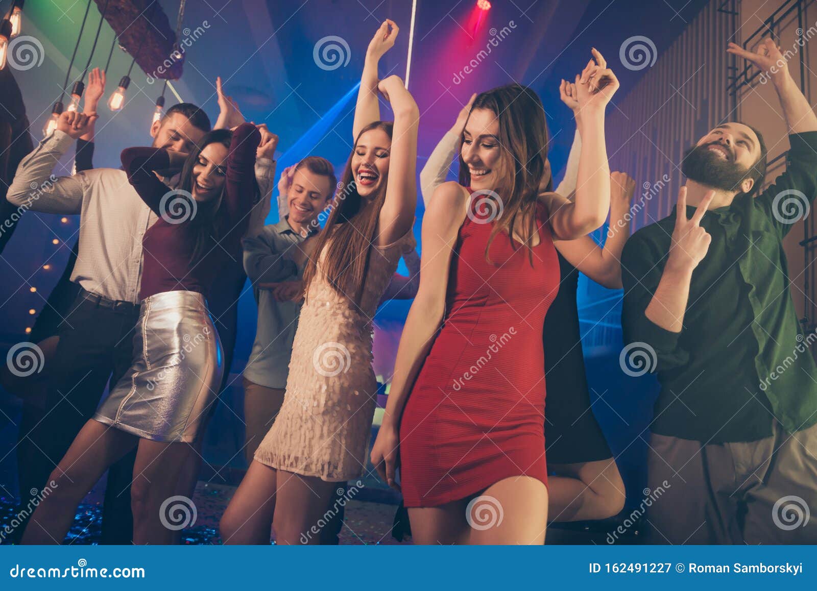 Portrait Of Positive Cheerful Crazy Youth Girl Bachelorettes Have Fun In Nightclub Dance Floor