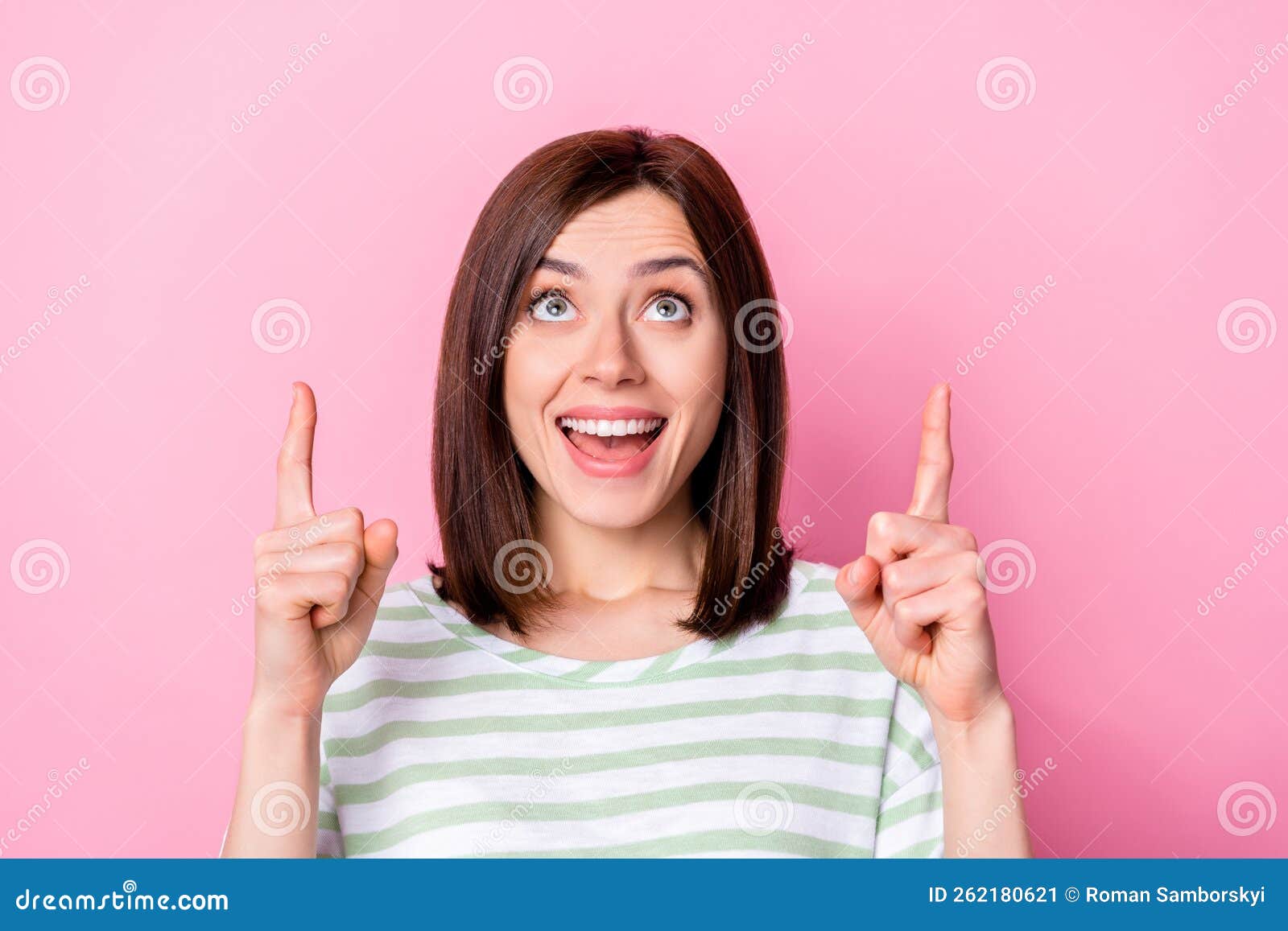Portrait Of Positive Cheerful Girl With Bob Hairdo Wear Striped T Shirt