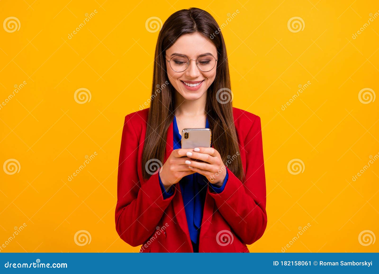 Portrait Of Positive Cheerful Girl Ceo Blogger Worker Use Smartphone
