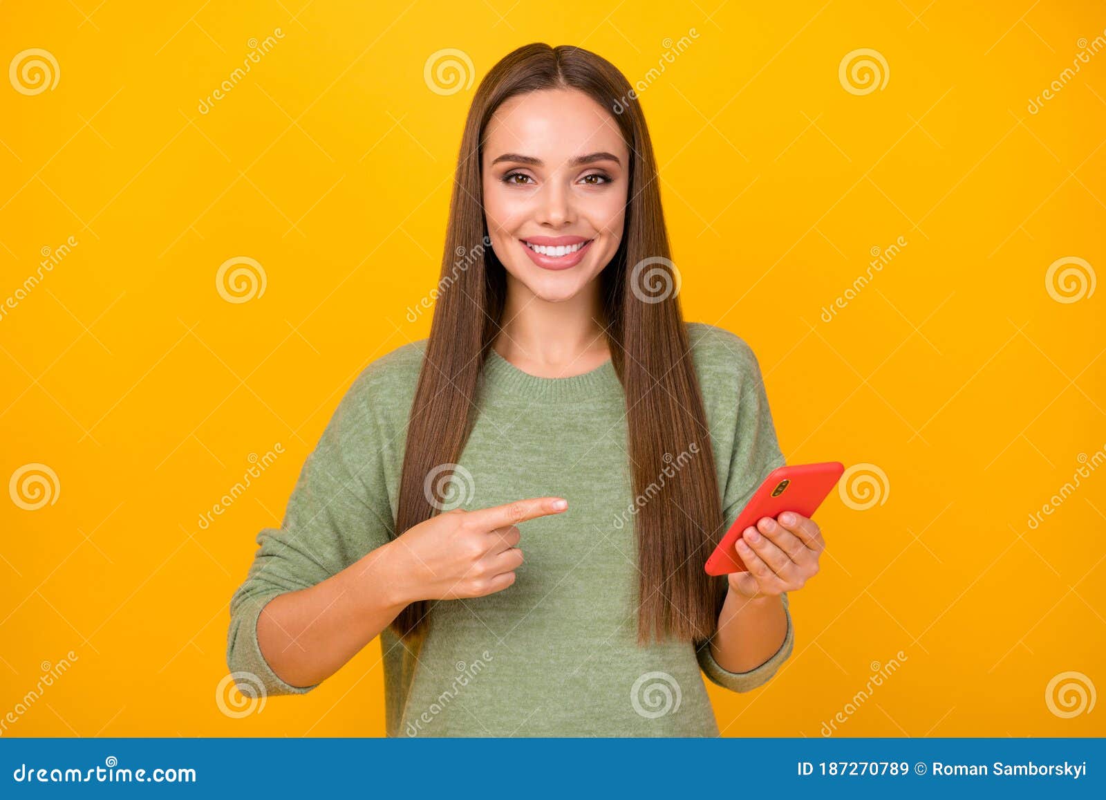 Portrait Of Positive Cheerful Girl Promotion Blogger Use Cellphone