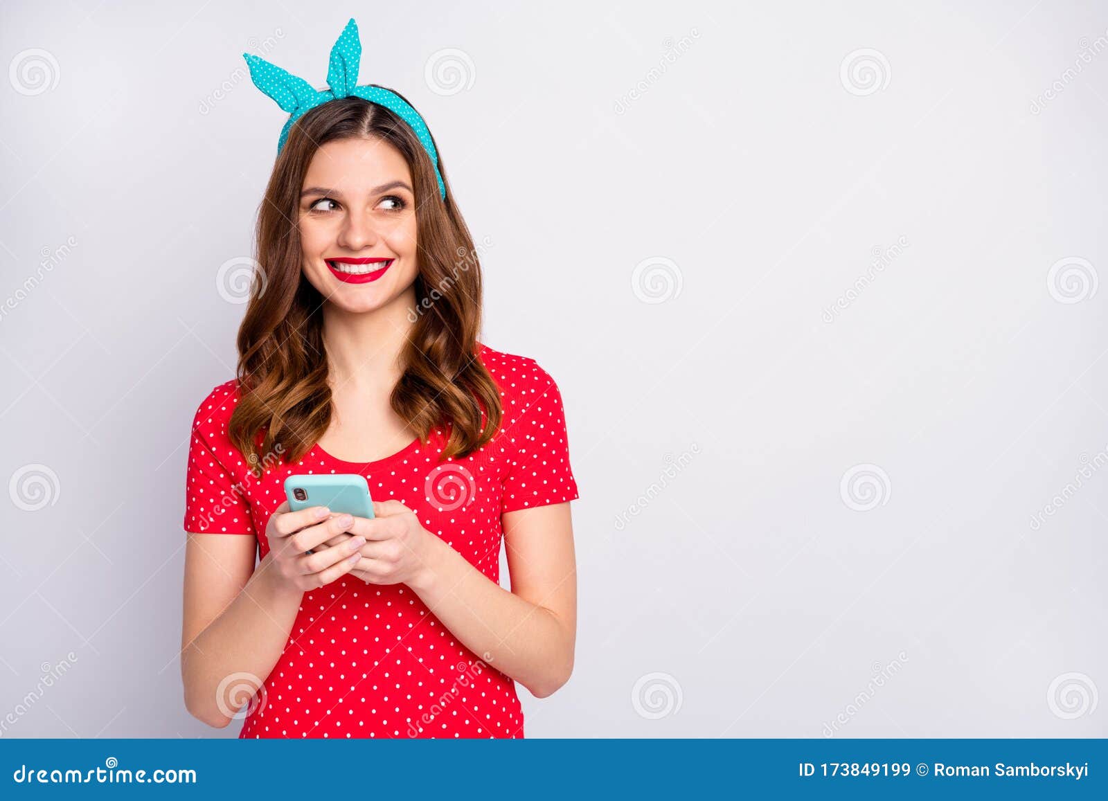 Portrait Of Positive Cheerful Girl Use Smart Phone Want Type Social