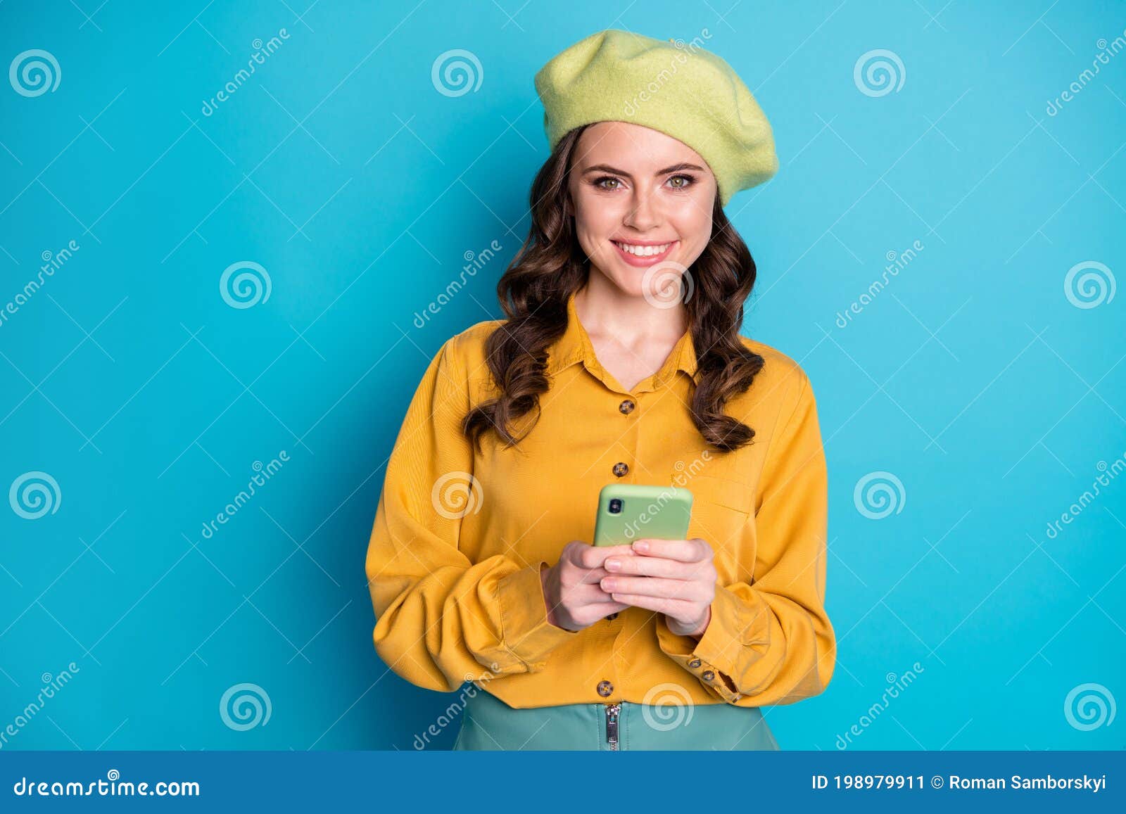 Portrait Of Positive Cheerful Girl Use Smartphone Enjoy Follow Post