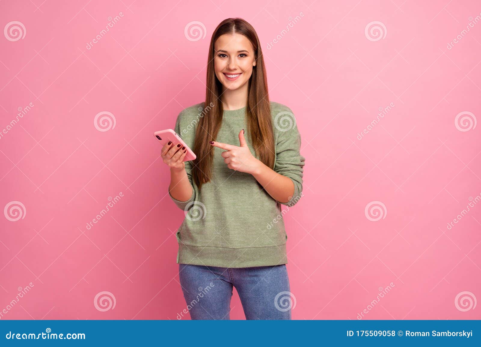 Portrait Of Positive Cheerful Girl Use Smartphone Indicate Social
