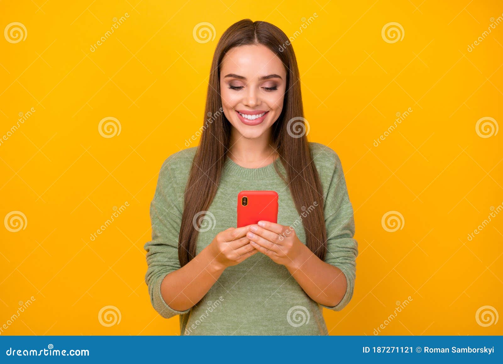 Portrait Of Positive Cheerful Girl Use Smartphone Read Social Media
