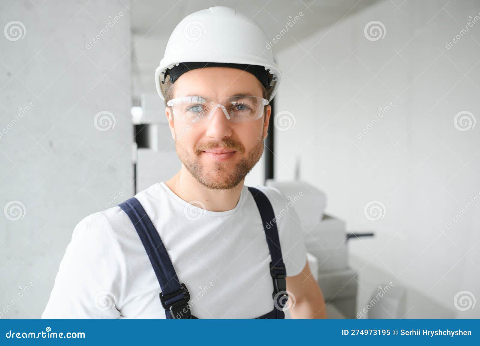 Portrait of Positive, Handsome Young Male Builder in Hard Hat. Stock ...