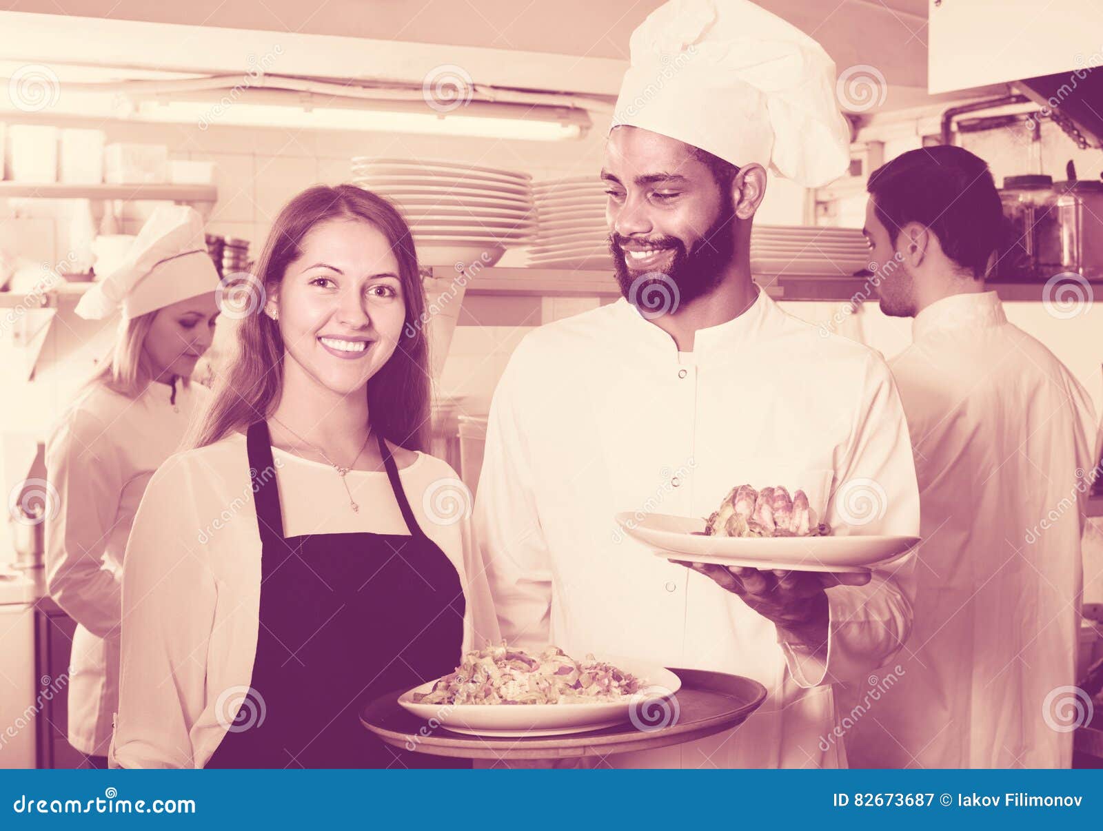 Portrait of Positive Kitchen Workers Stock Image - Image of cooks ...