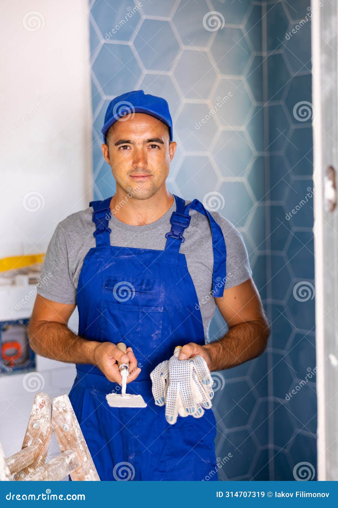 Portrait of Positive Man Worker in Bathroom Stock Image - Image of ...