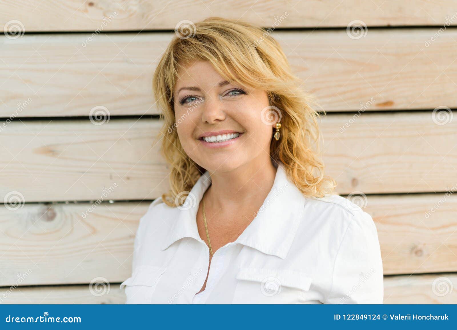 Portrait Positive Mature Middle Aged Woman Smiling Close Up Blonde