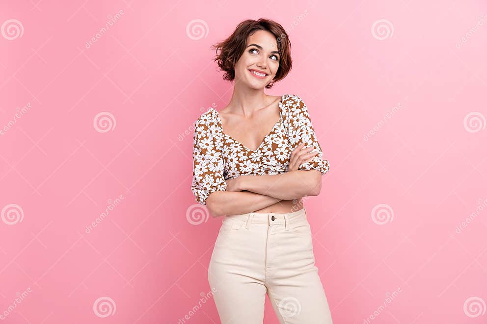 Portrait of Positive Stunning Lady Toothy Smile Folded Arms Look Empty ... Portrait of Positive Stunning Lady Toothy Smile Folded Arms Look Empty ...