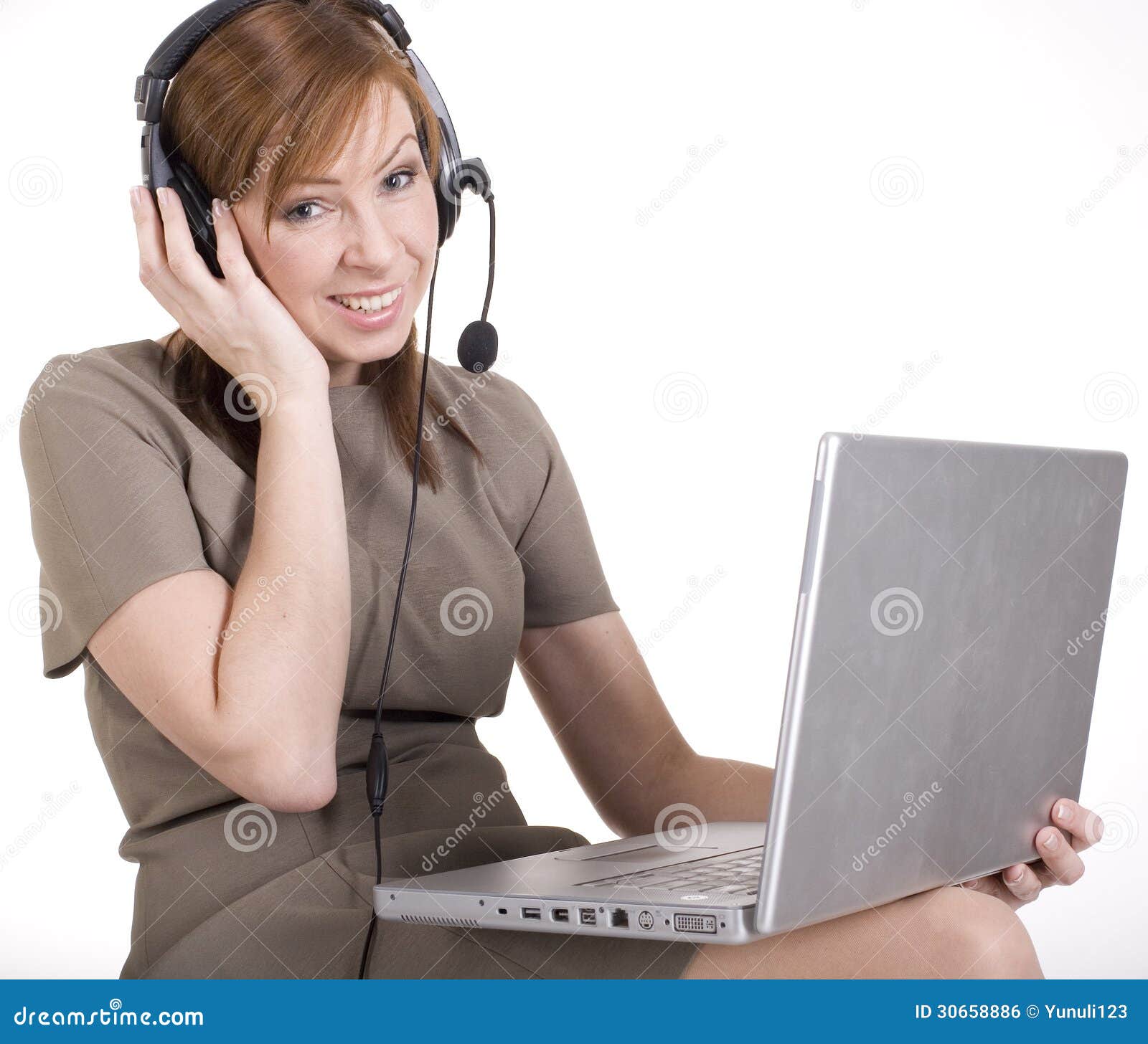 Portrait of Pretty Call Operator Smiling and Typing on Lap Top Stock ...