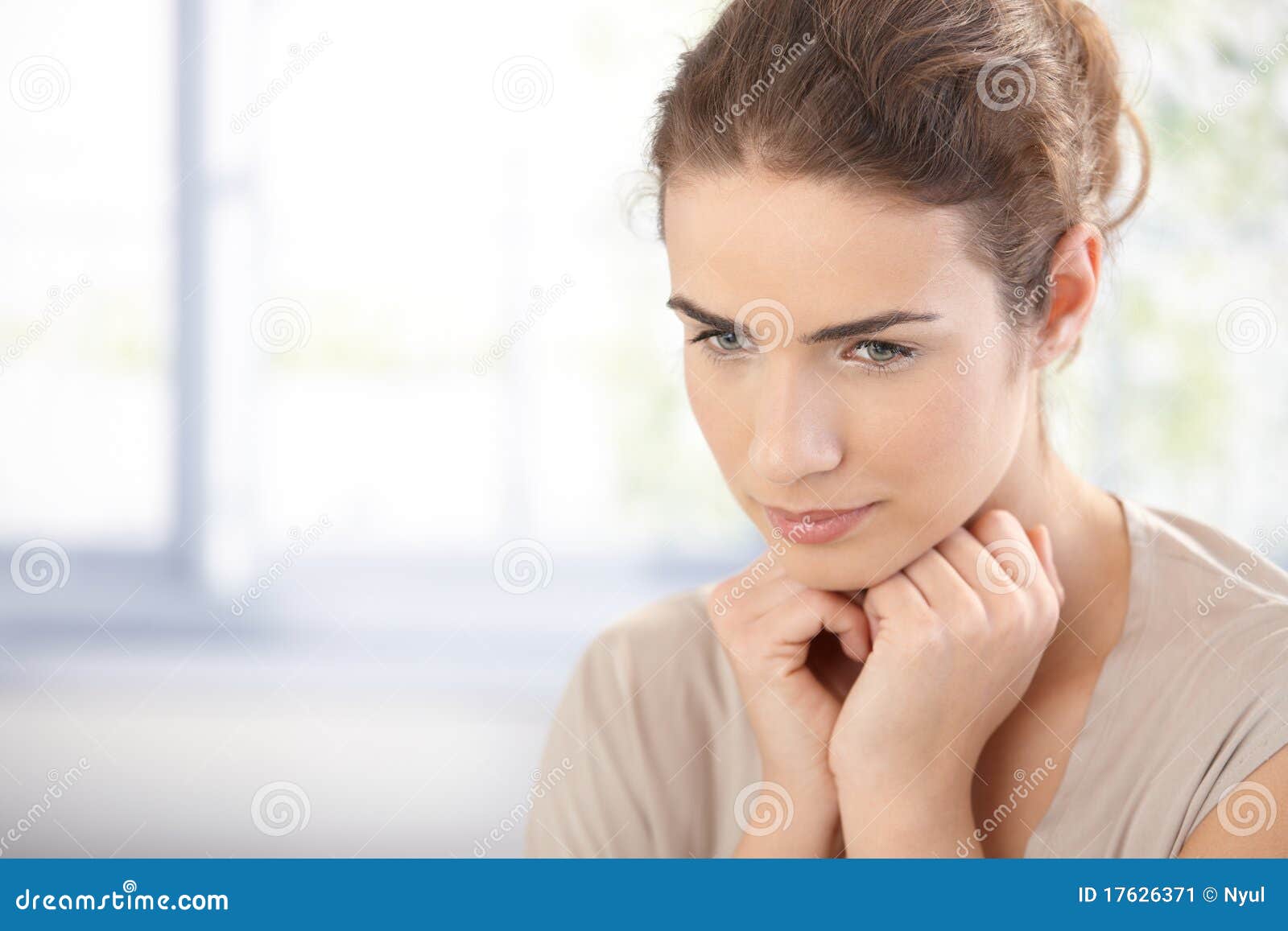 Portrait of Pretty Female Thinking Stock Image - Image of indoors ...