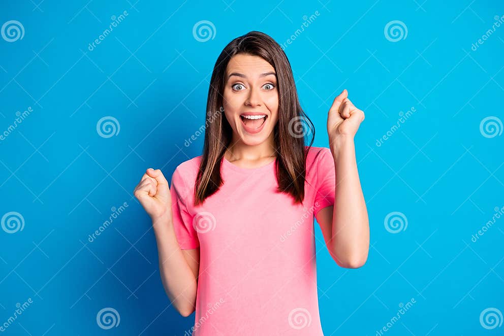 Portrait Of Pretty Lady Fists Up Celebrate Success Yell Open Mouth