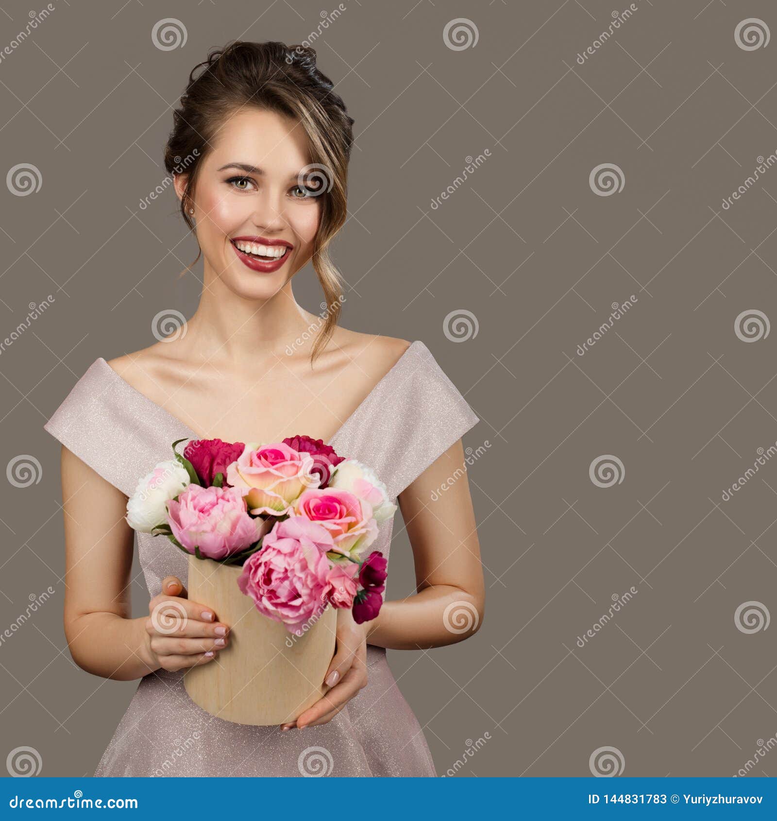 Portrait of Pretty Smiling Woman Holding Flowers. Stock Image - Image ... Portrait of Pretty Smiling Woman Holding Flowers. Stock Image - Image ...