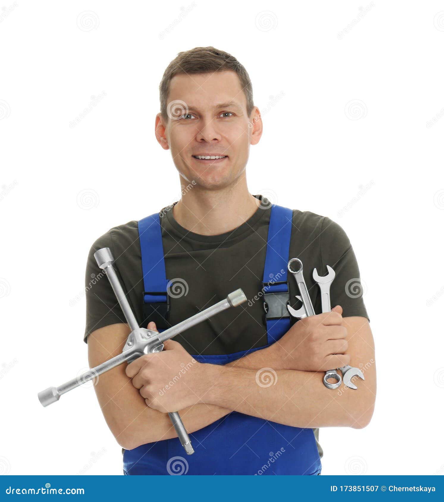 Portrait of Professional Auto Mechanic with Wrenches on White ...