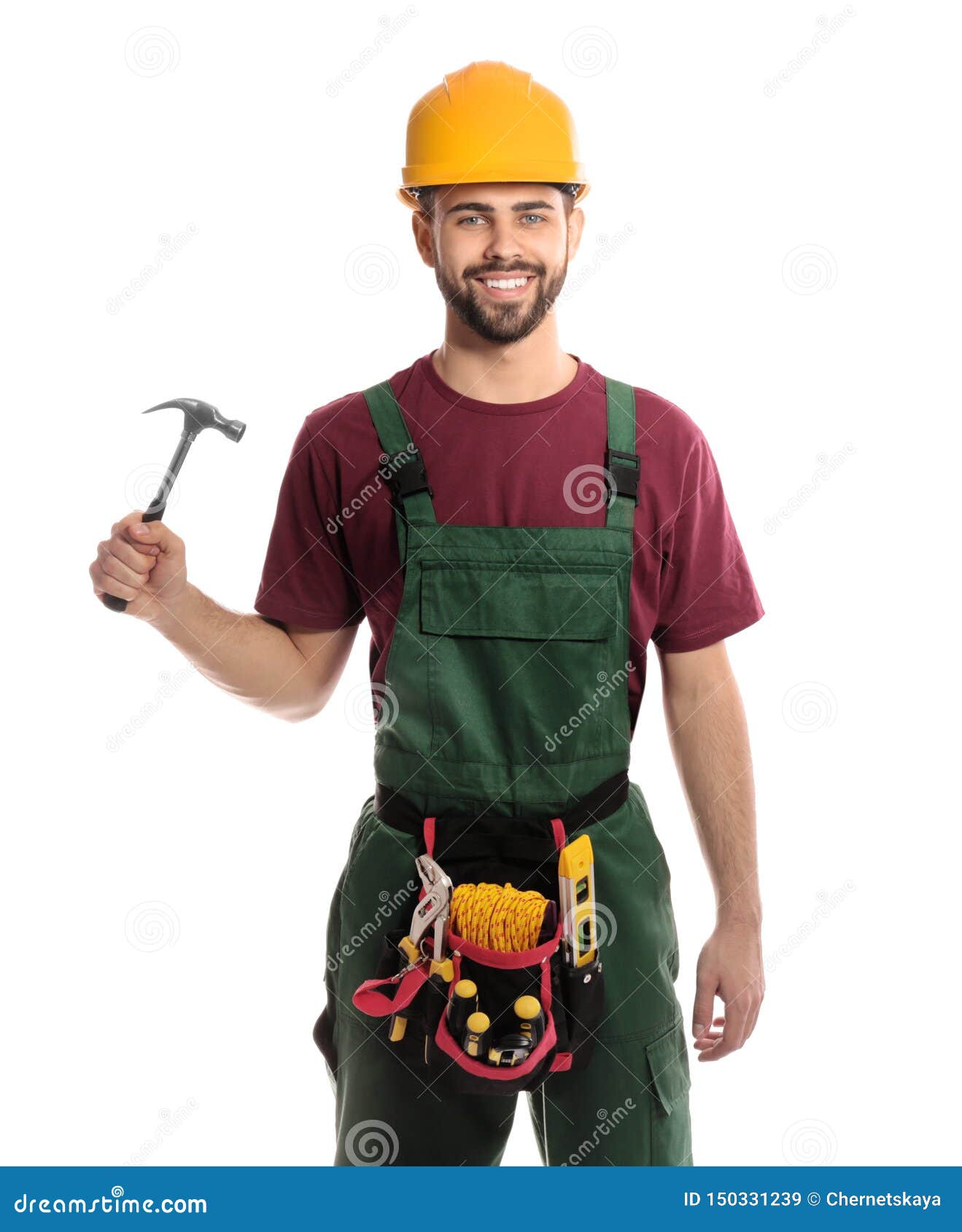 Portrait of Professional Construction Worker with Hammer and Tool Belt ...