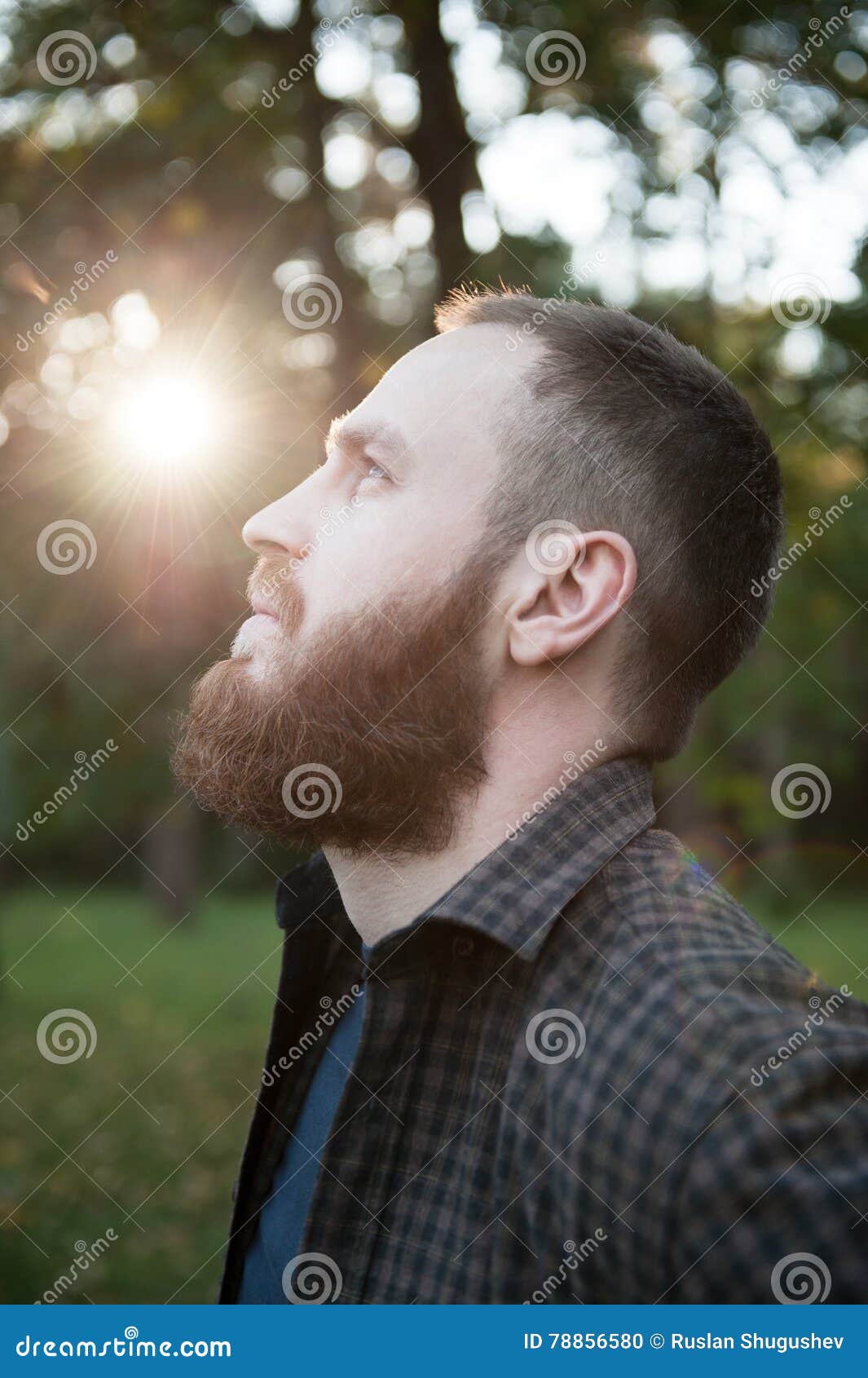 Portrait in Profile of Young Bearded Man in Background of Sunlight in ...