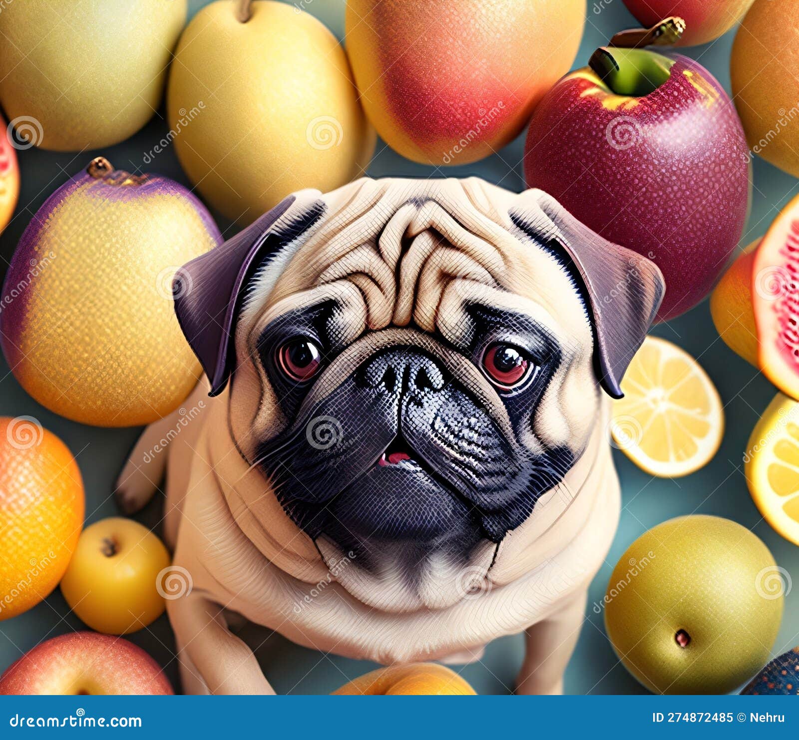 Portrait of a Pug Dog with Various Fruits, Created with Generative AI ...