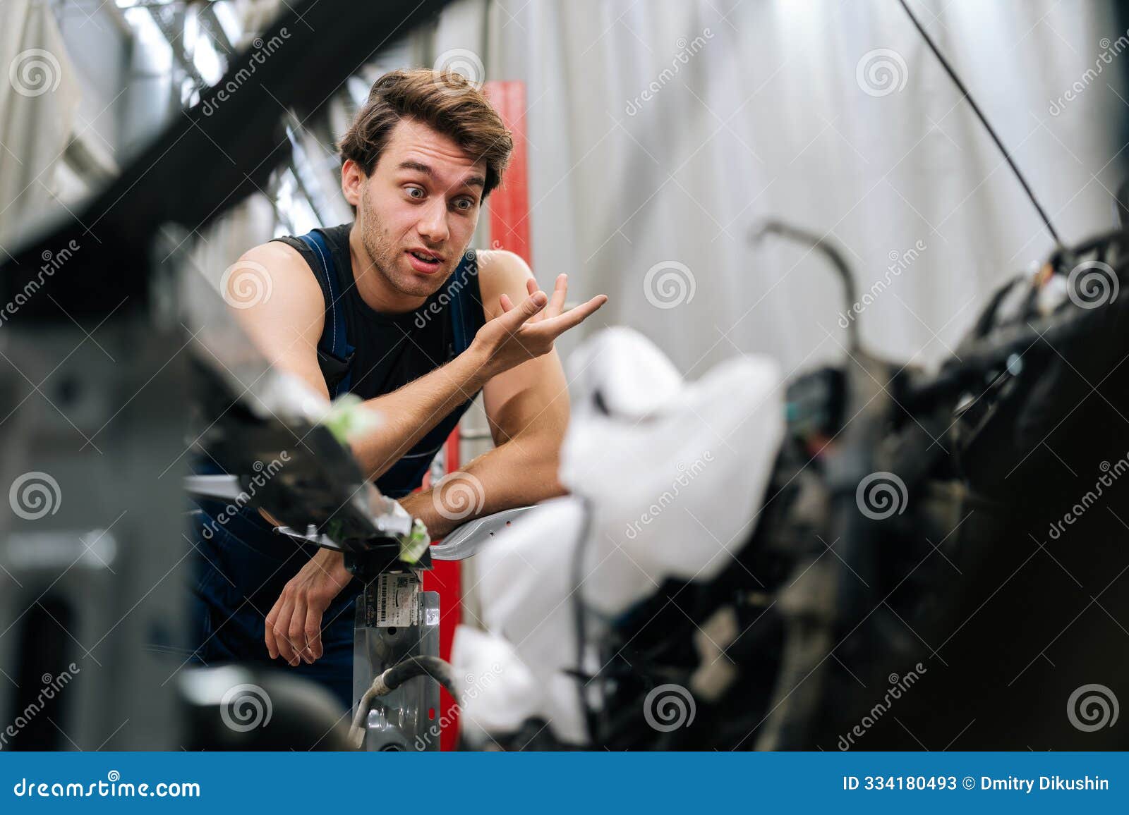 Portrait of Puzzled Mechanic Leaning on Car with Worried Expression on ...
