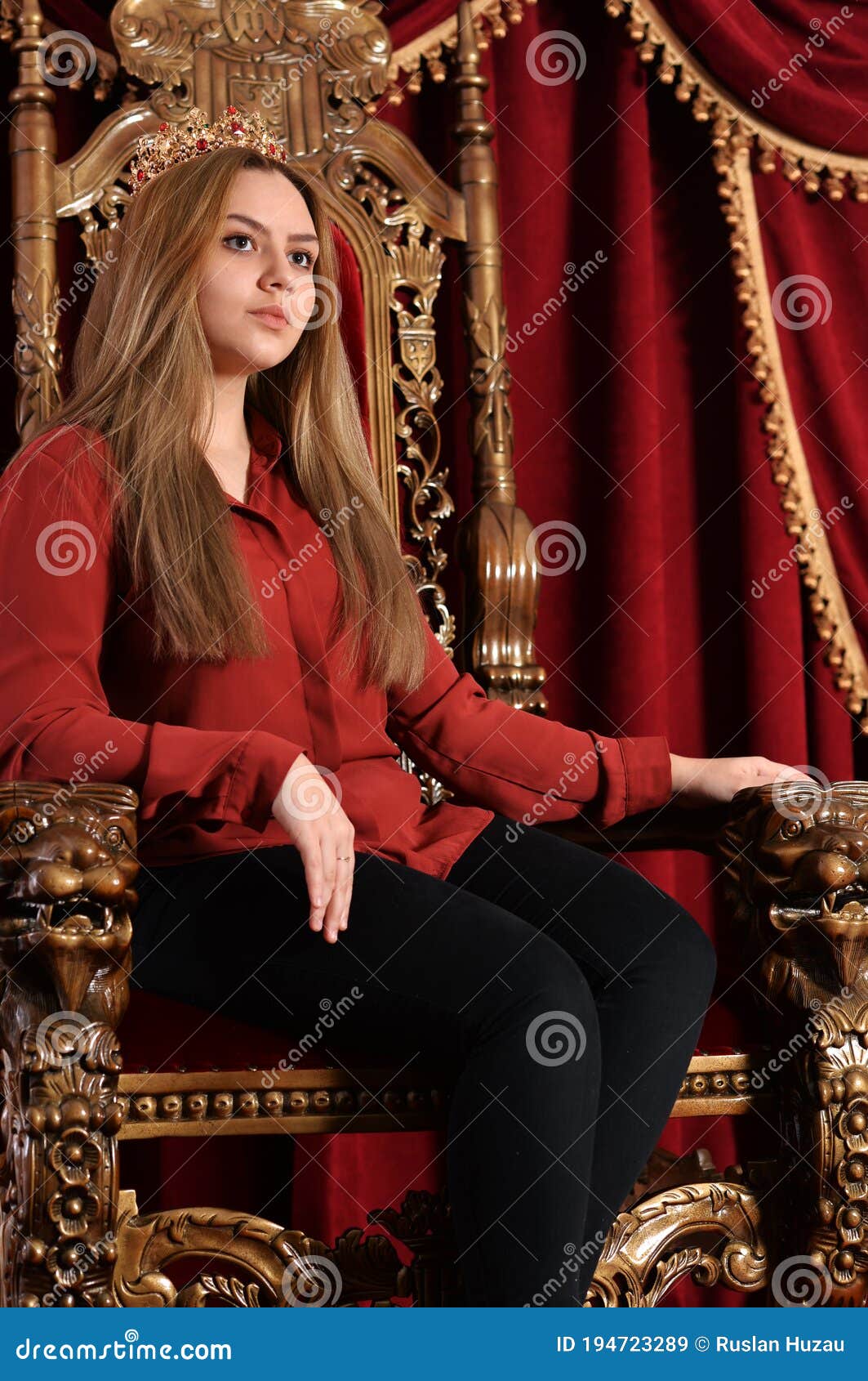 Portrait of Queen with Crown on Chair Stock Image - Image of makeup ...