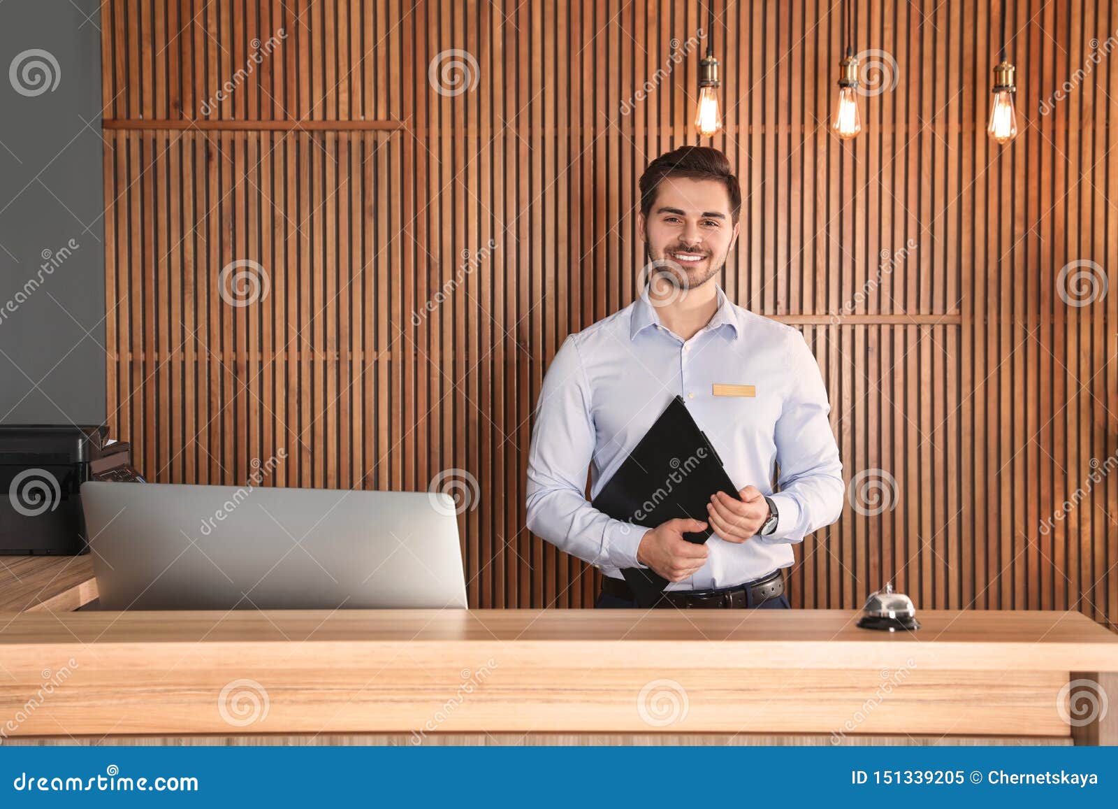 Portrait of Receptionist with Clipboard at Desk Stock Image - Image of ...