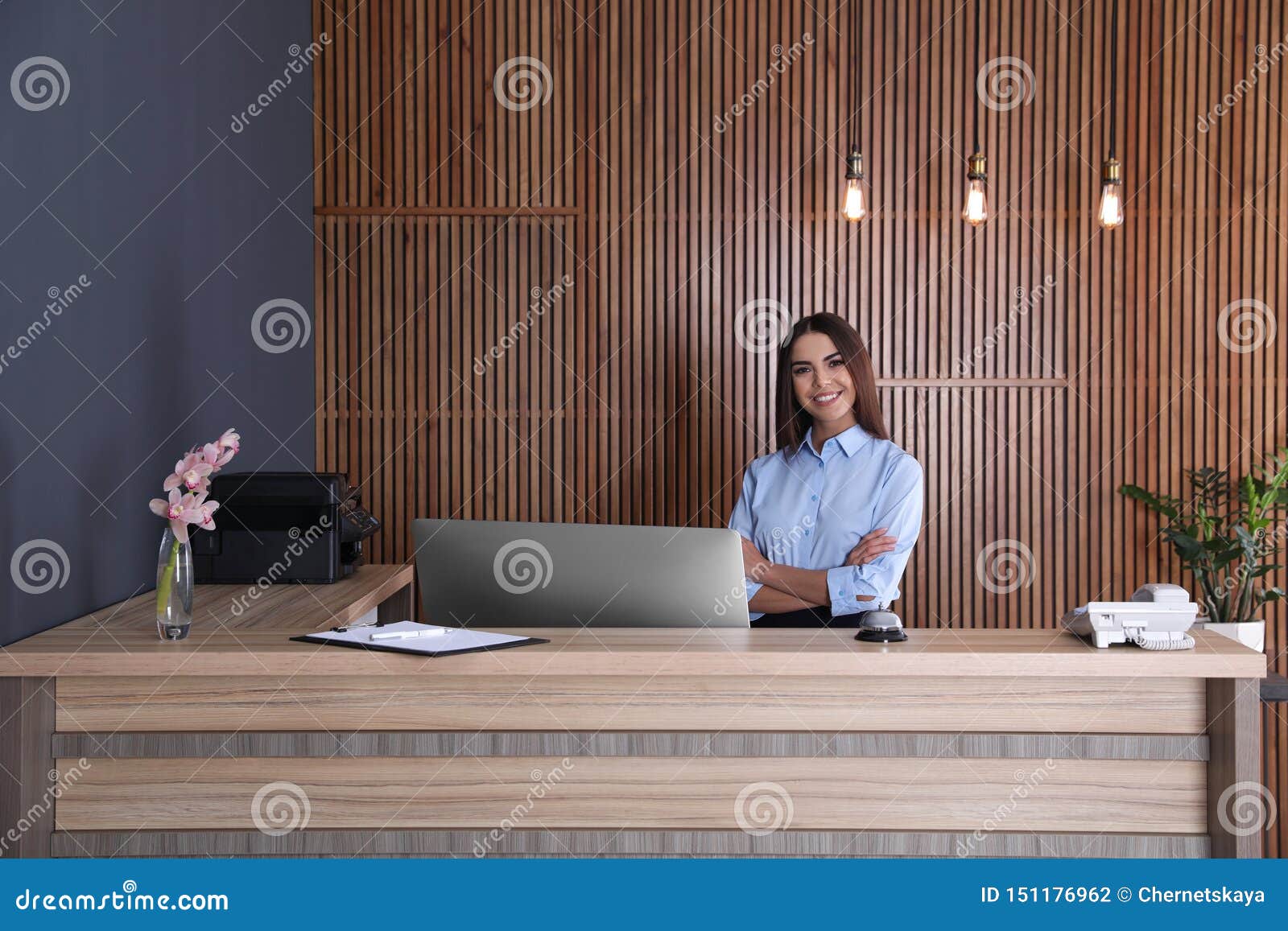 Portrait of Receptionist at Desk Stock Photo - Image of female ...