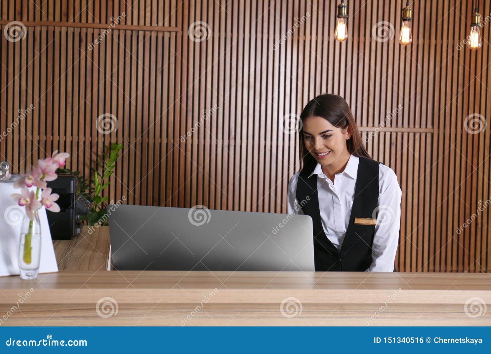 Portrait of Receptionist at Desk Stock Photo - Image of center, adult ...