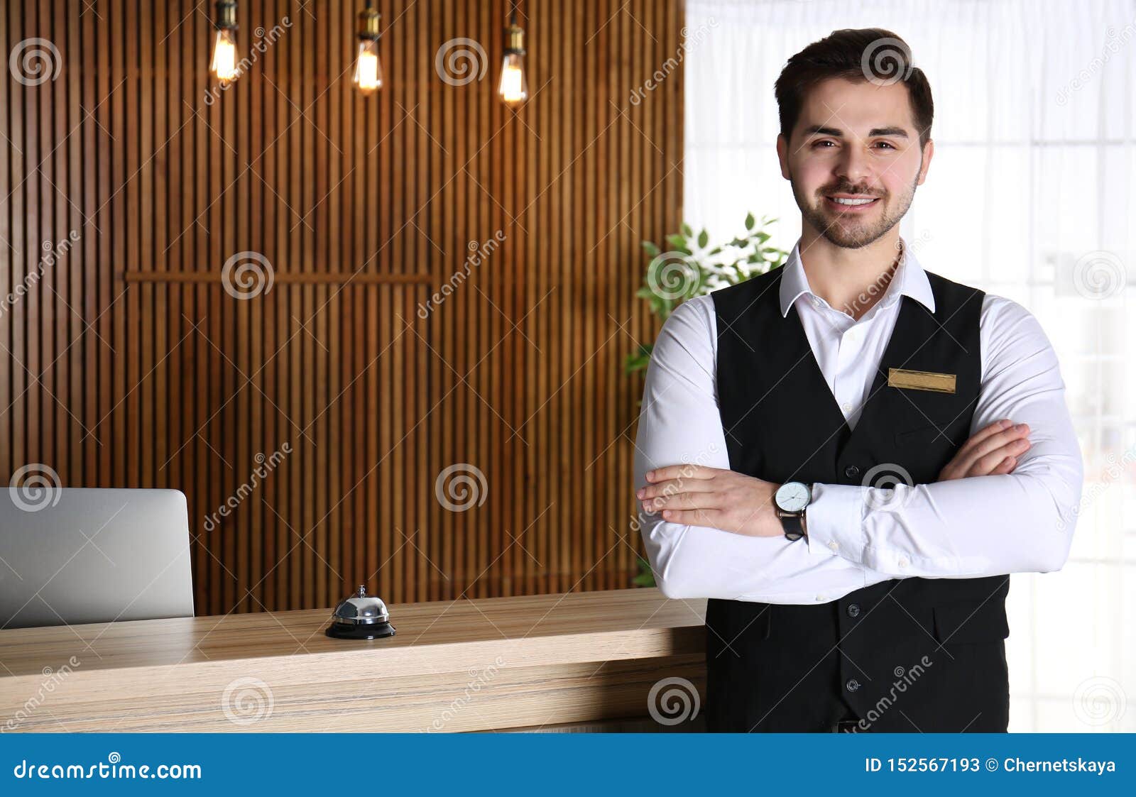 Portrait of Receptionist at Desk Stock Image - Image of room, counter ...