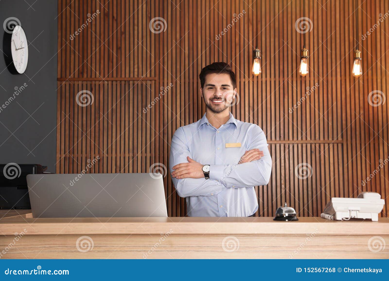 Portrait of Receptionist at Desk Stock Photo - Image of interior ...