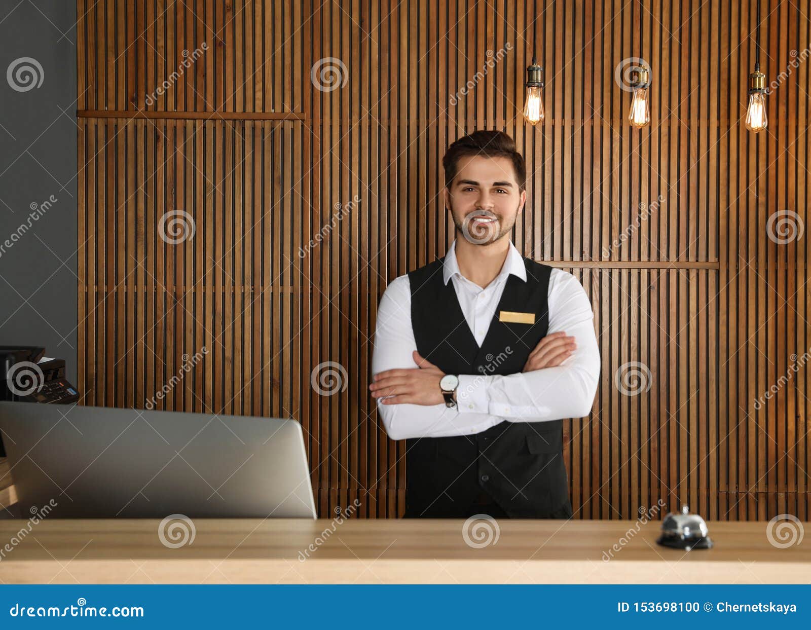 Portrait of Receptionist at Desk Stock Photo - Image of booking ...