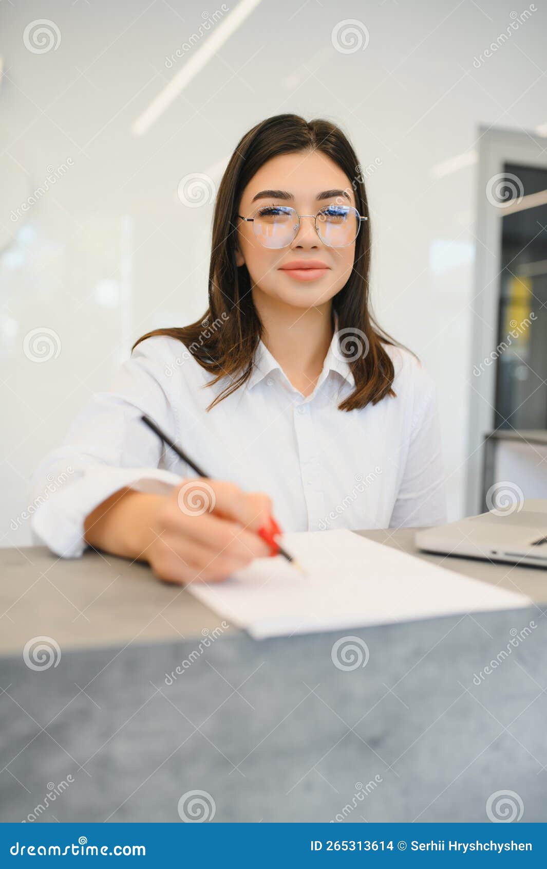 Portrait of Receptionist at Desk in Lobby Stock Photo - Image of hotel ...