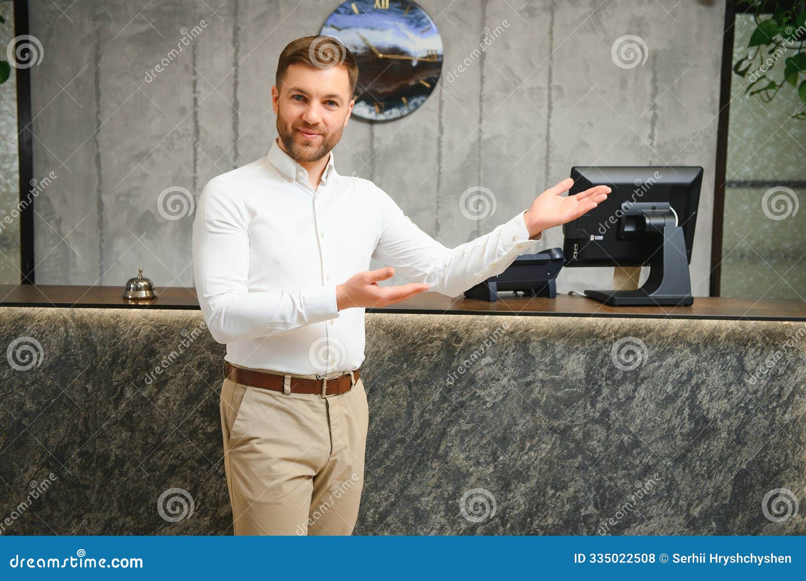 Portrait of Receptionist at Desk in Lobby Stock Photo - Image of hotel ...