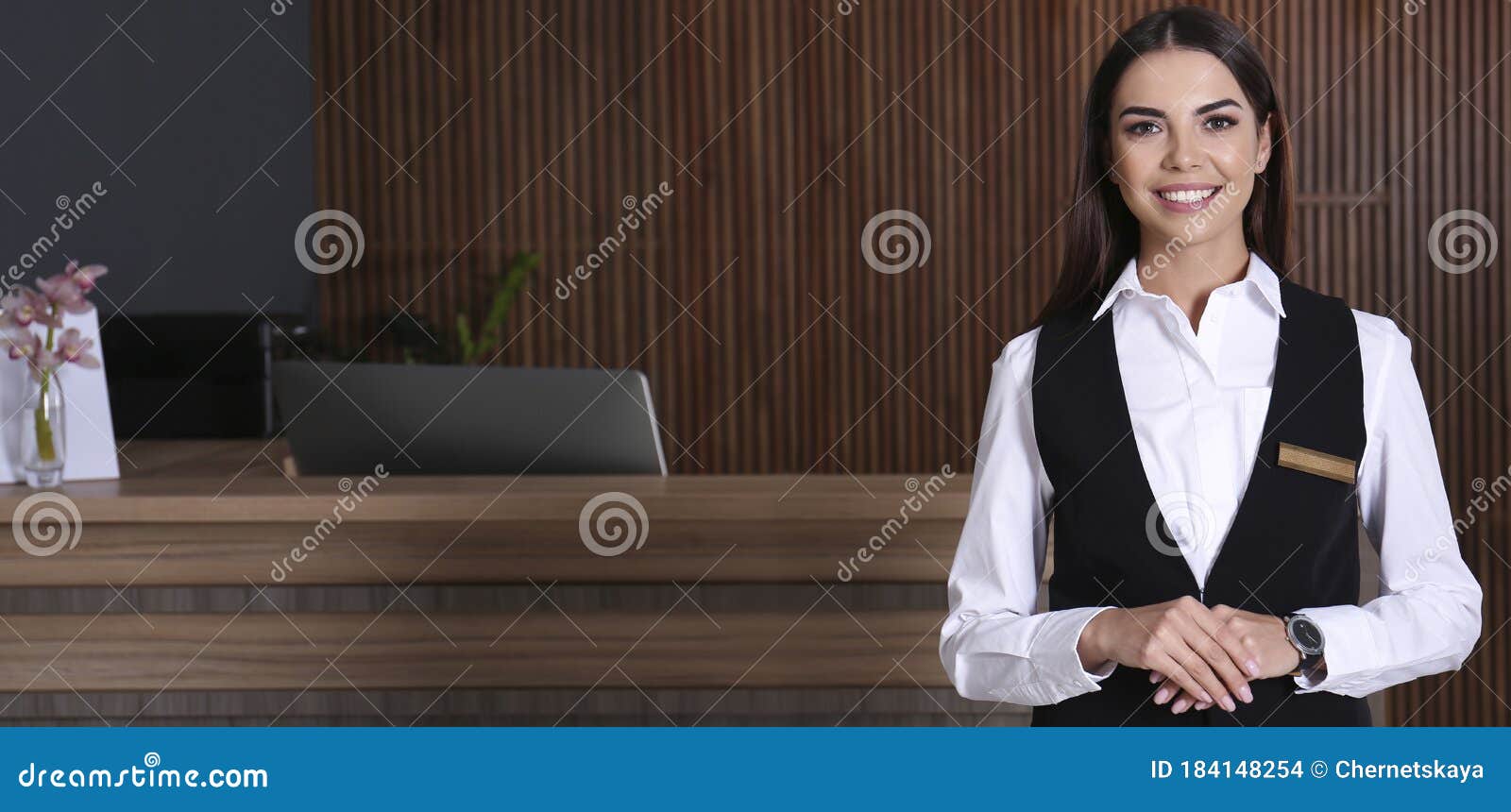 Portrait of Receptionist at Desk. Banner Design Stock Photo - Image of ...