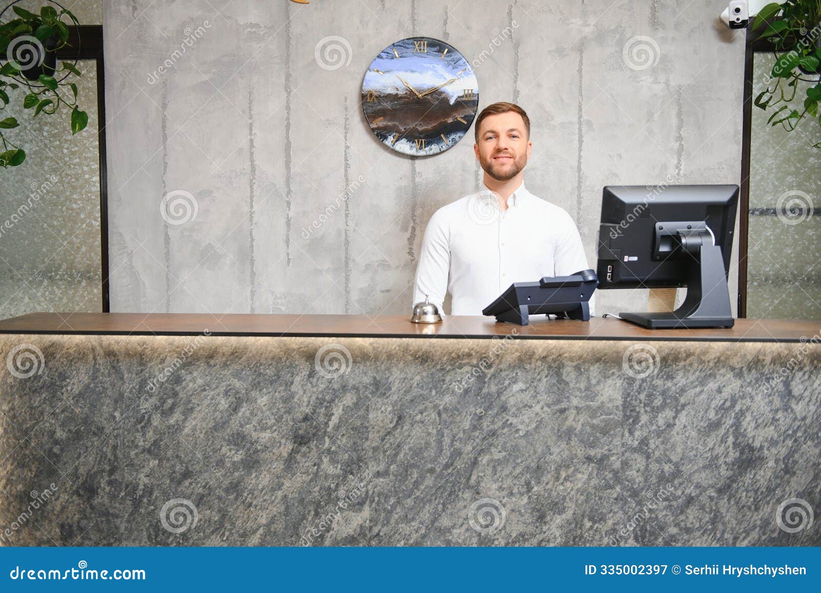 Portrait of Receptionist at Desk in Lobby, Hotel Stock Image - Image of ...