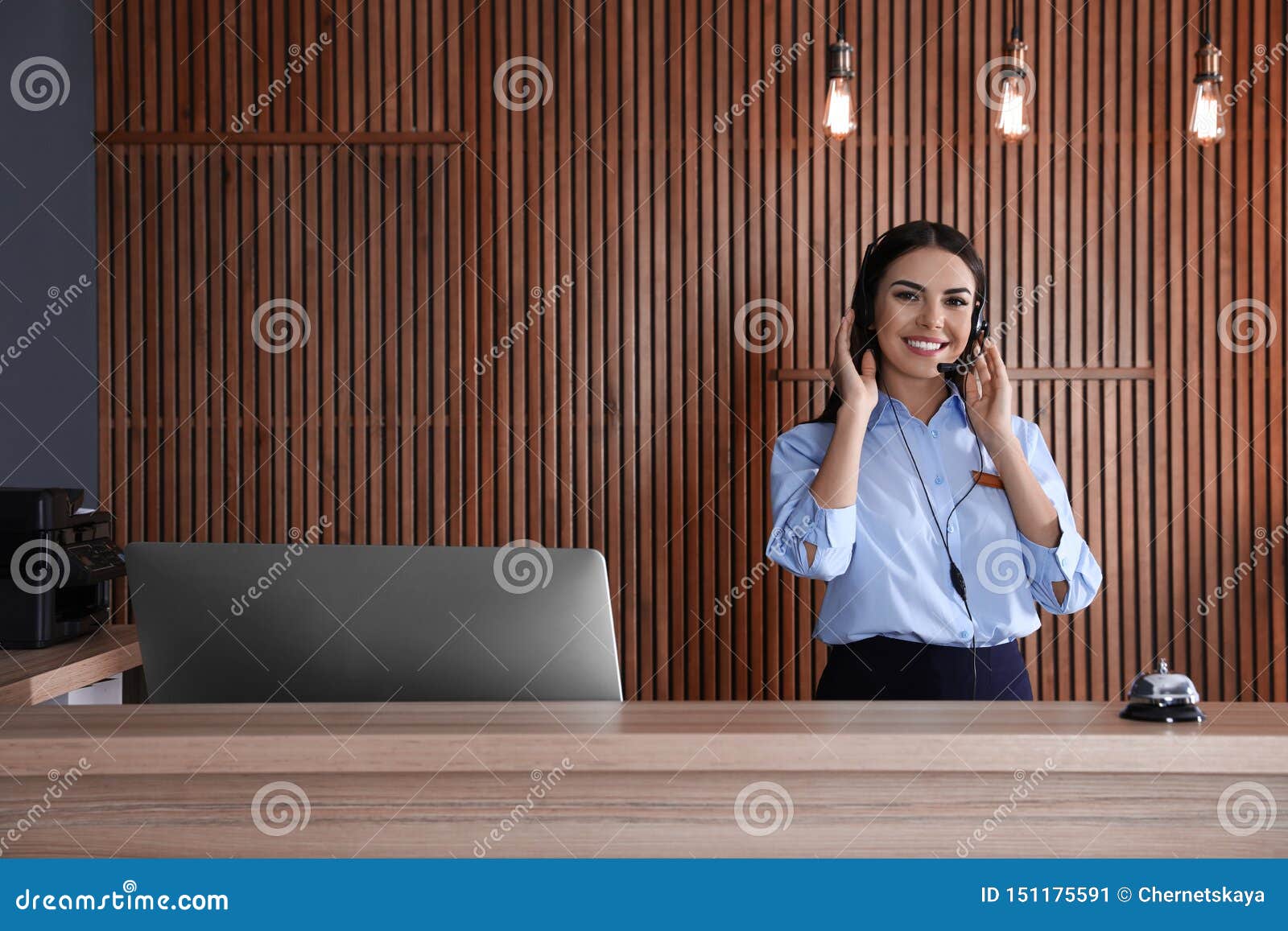 Portrait of Receptionist with Headset at Desk Stock Image - Image of ...
