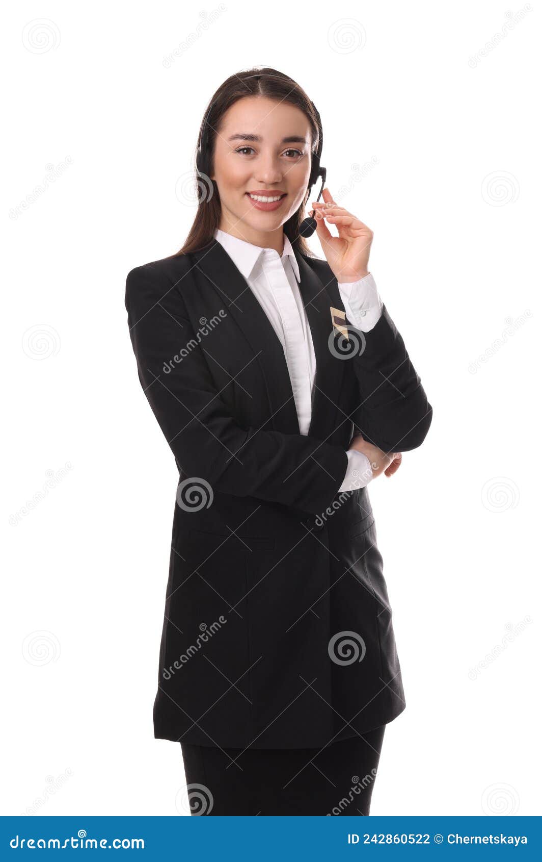 Portrait of Receptionist with Headset on White Background Stock Photo ...