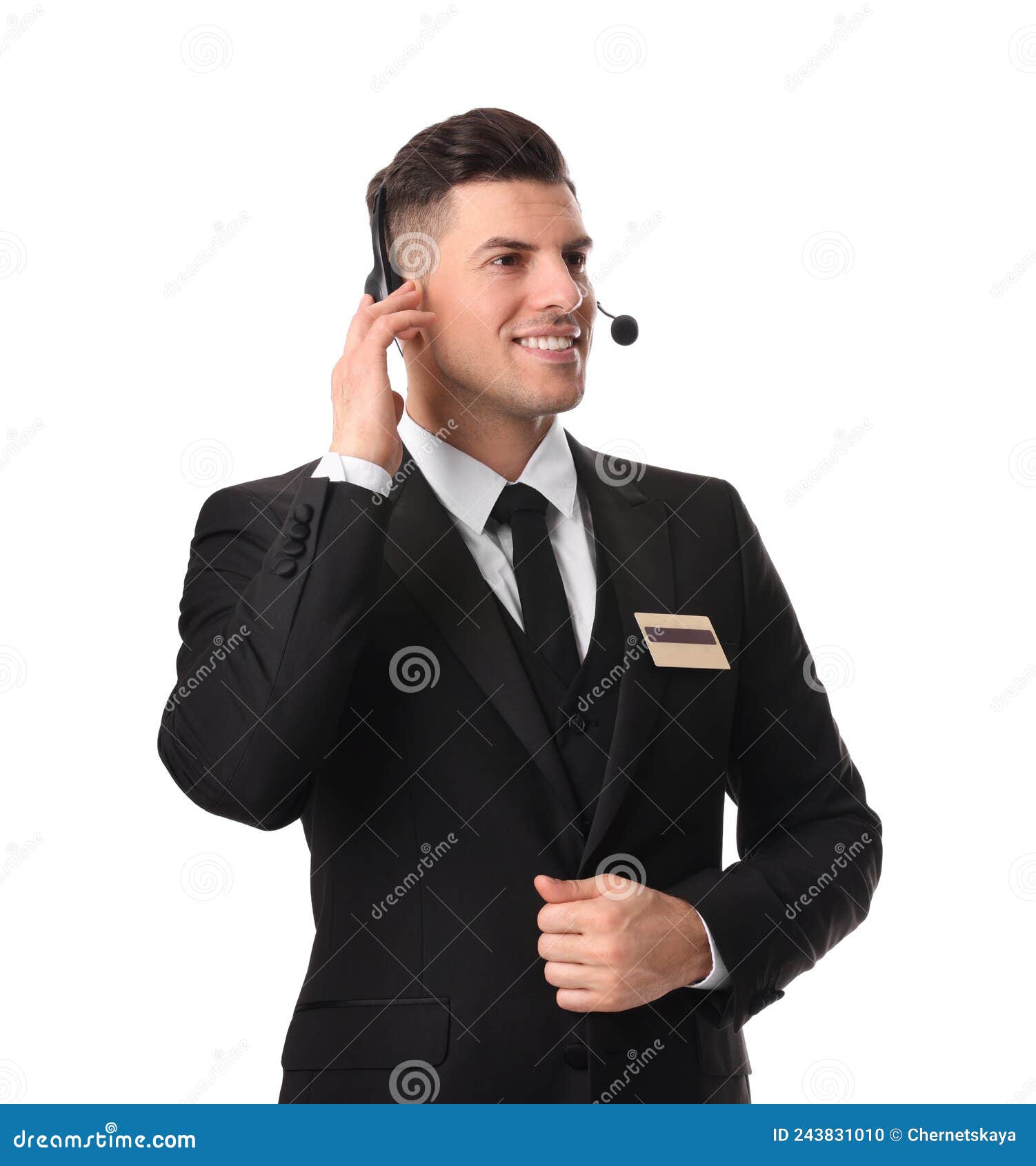 Portrait of Receptionist with Headset on White Background Stock Photo ...